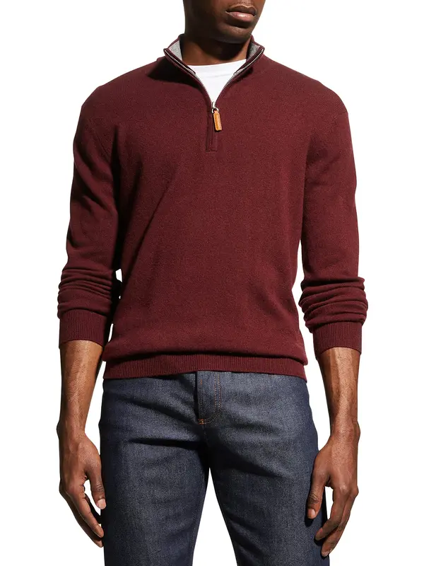 Neiman Marcus Wool-cashmere Quarter-zip Sweater - Burgundy