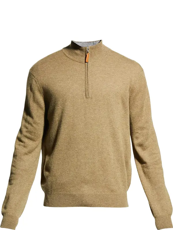 Neiman Marcus Wool-cashmere Quarter-zip Sweater - Light Olive