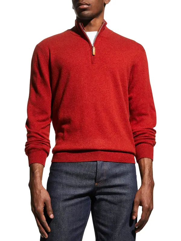 Neiman Marcus Wool-cashmere Quarter-zip Sweater - Orange