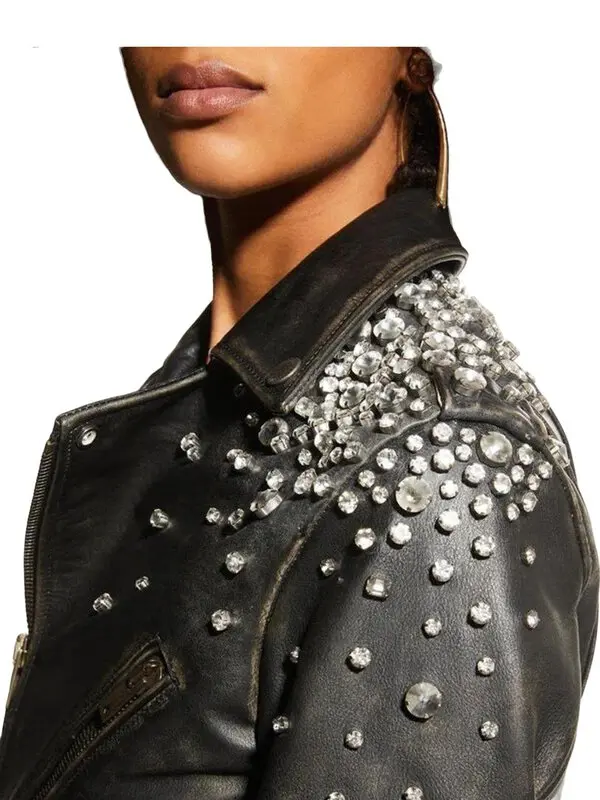 GOLDEN GOOSE Distressed Leather Jacket With Crystals - Black