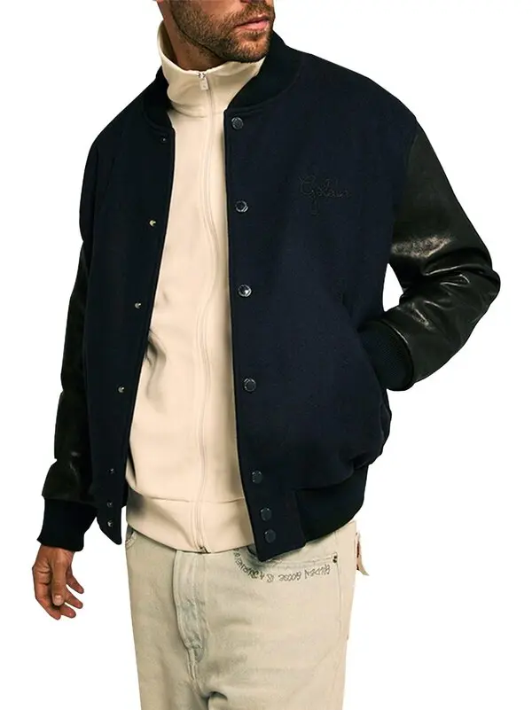 Golden Goose Wool Blend Bomber Jacket With Leather Sleeves - Dark Blue/black