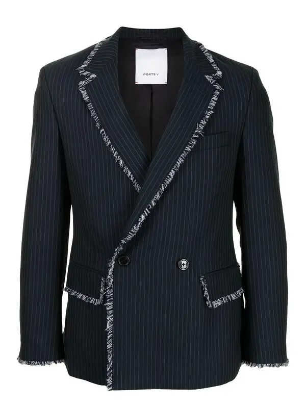 PORTS V Fringe-trim Double-breasted Blazer - Blue