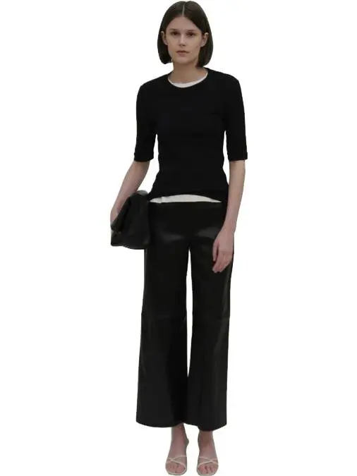 Rosetta Getty Pull On Cropped Straight Leather Pant - Black