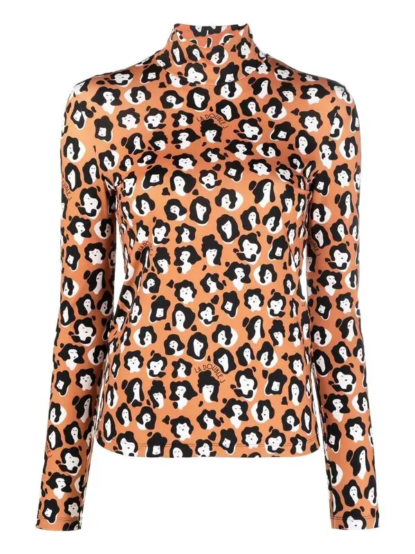 La DoubleJ Face-animal Print Turtleneck Top - Orange