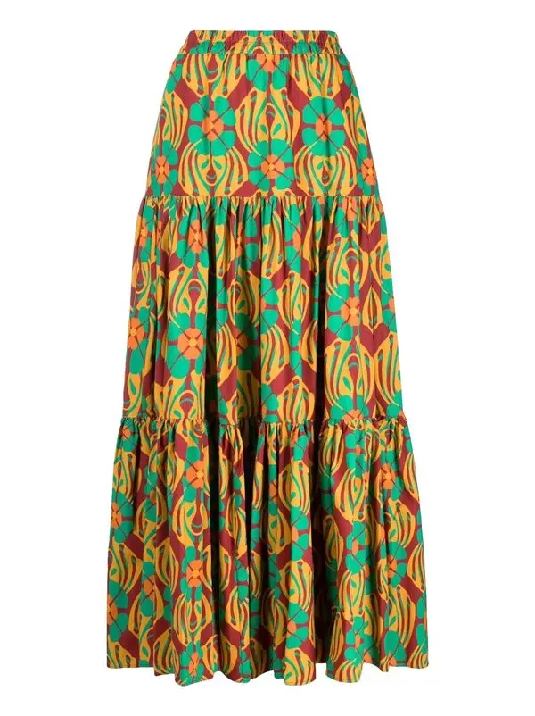 La DoubleJ Graphic Print Tiered Maxi Skirt - Green