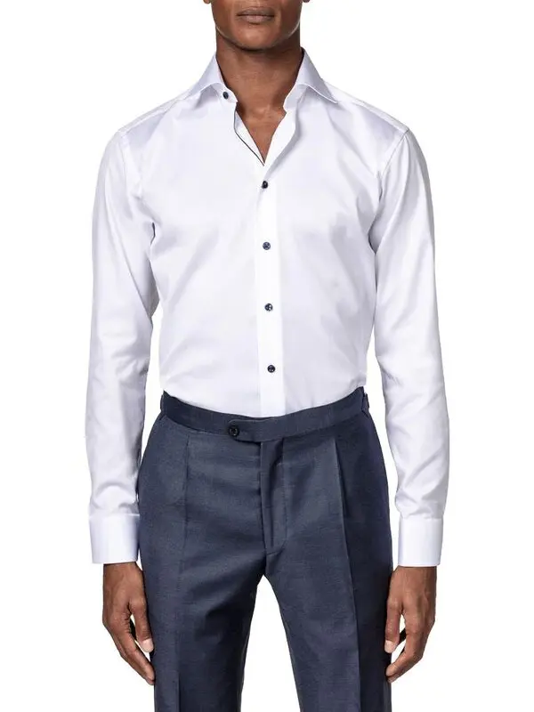 Eton Slim Fit Cotton Twill Dress Shirt - White/ Navy
