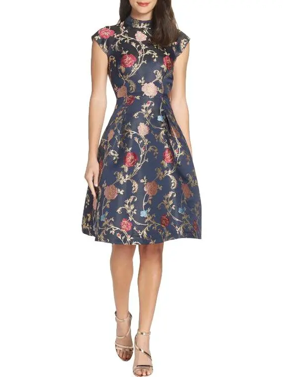 CHI CHI LONDON Floral Print Mock Neck Dress - Navy