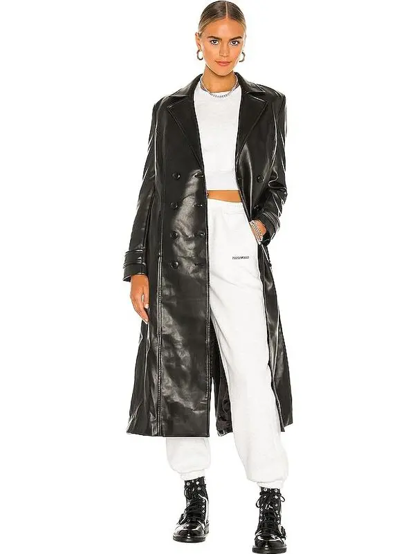 Bardot Faux Leather Trench Coat - Black