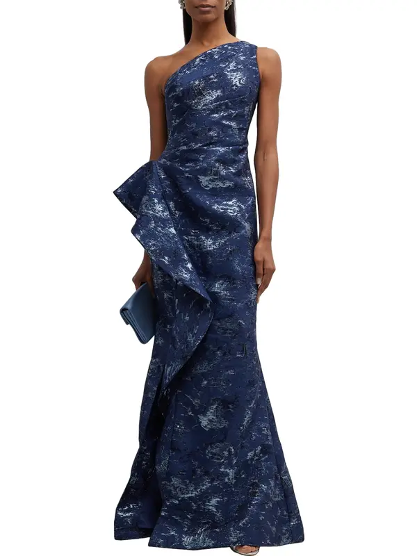 Rickie Freeman For Teri Jon Metallic Jacquard One-shoulder Gown - Navy
