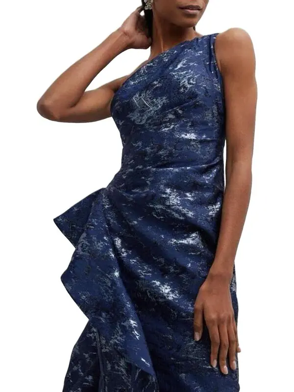 Rickie Freeman For Teri Jon Metallic Jacquard One-shoulder Gown - Navy