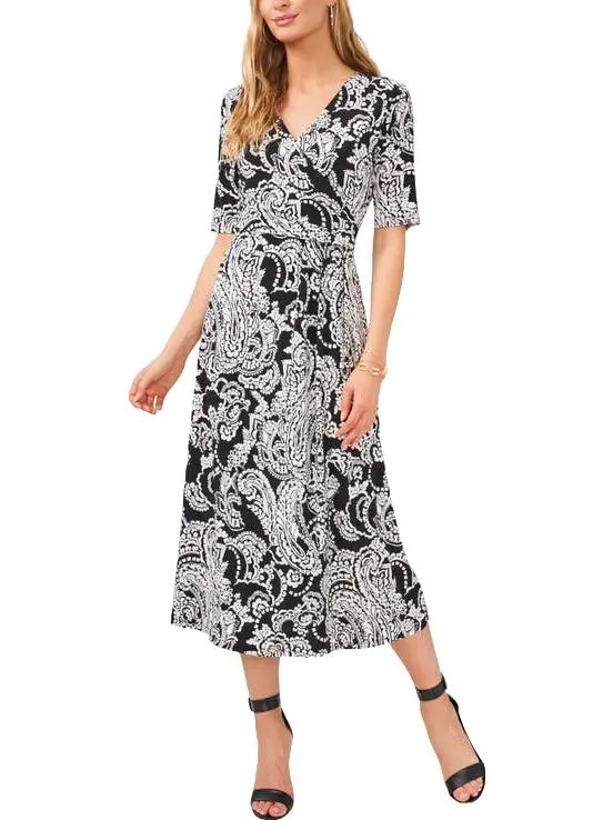 Chaus Paisley Wrap Front Knit Midi Dress - Black/ White
