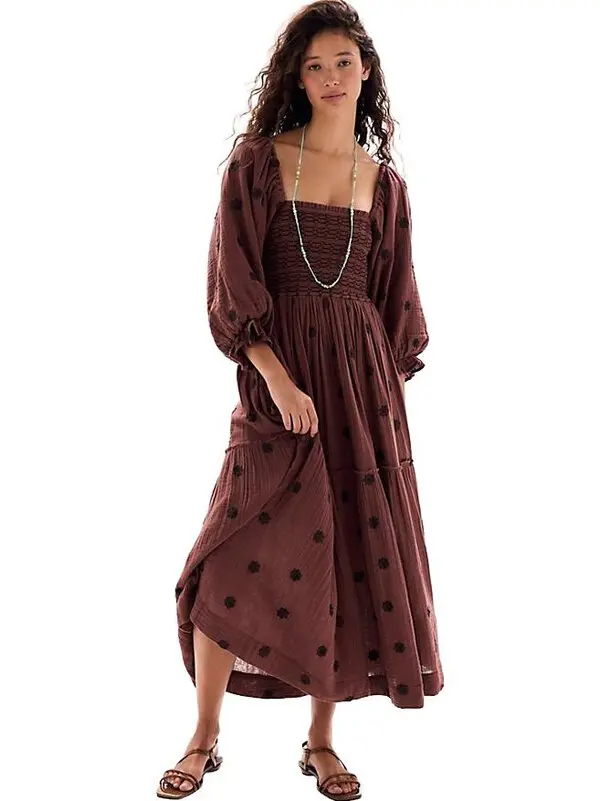 Free People Dahlia Embroidered Maxi Dress - Burgundy Road