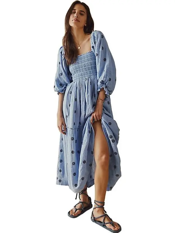 Free People Dahlia Embroidered Maxi Dress - Skies Combo