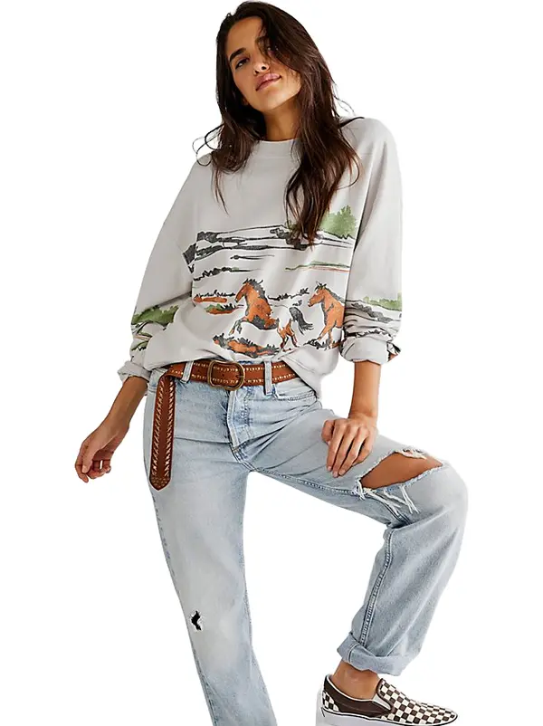 Daydreamer Running Horses Oversized Crewneck - Stone