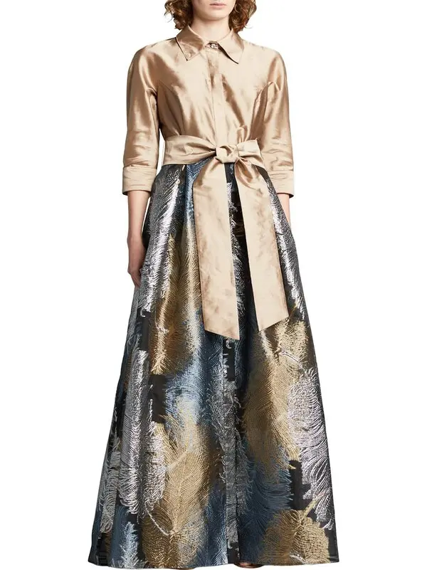 Rickie Freeman For Teri Jon Taffeta Feather Jacquard Shirtdress - Gold Multi