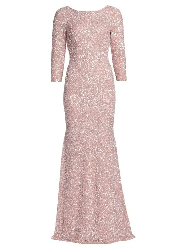 Theia Three-quarter Sleeve Sequin Sheath Gown - Blush