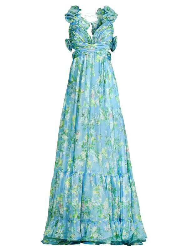 Mac Duggal Ieena Floral Chiffon Gown - Blue Multi