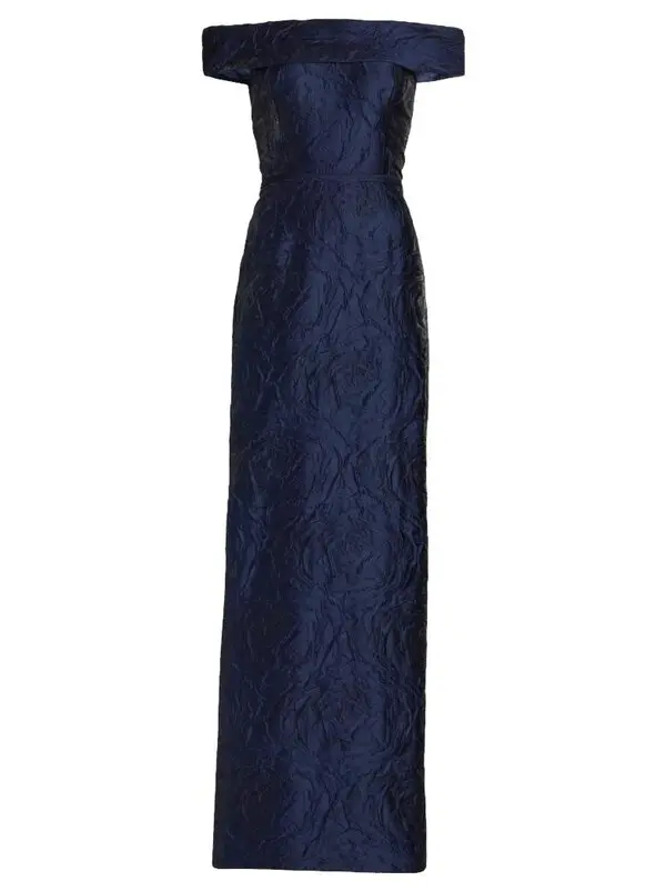 Rickie Freeman For Teri Jon Jacquard Off-the-shoulder Gown - Navy