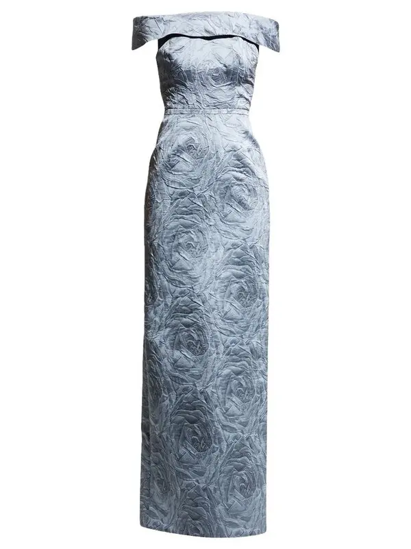 Rickie Freeman For Teri Jon Jacquard Off-the-shoulder Gown - Slate