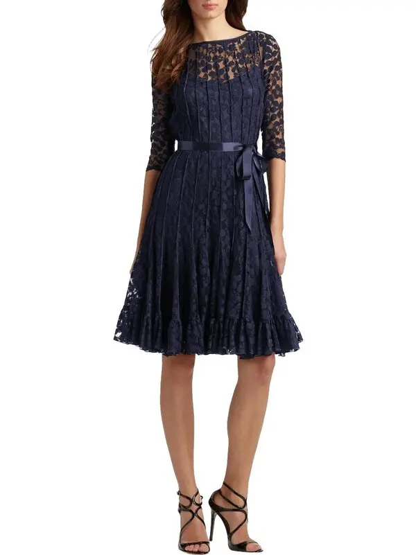 Rickie Freeman For Teri Jon Lace Pintuck Dress - Navy