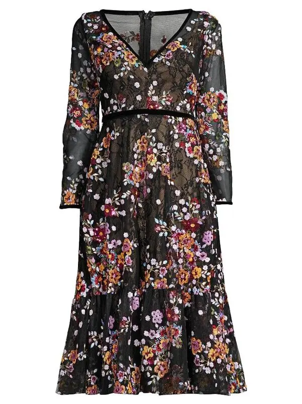Mac Duggal Embroidered Floral Lace Tea Dress - Black Multi