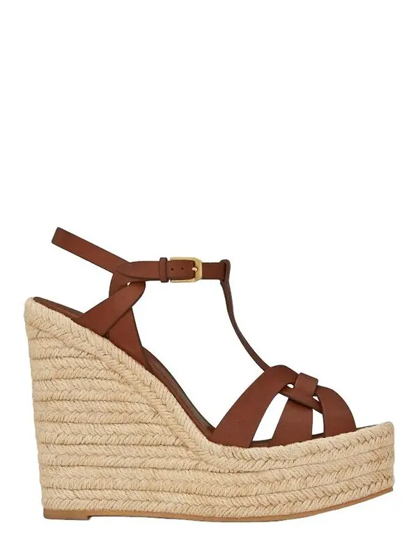 Saint Laurent Tribute Leather Espadrille Wedge Sandals - Ambra