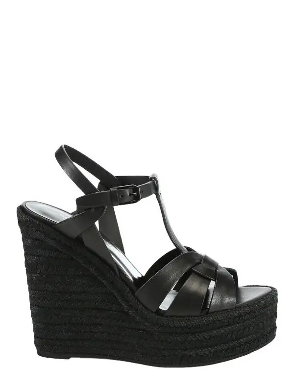 Saint Laurent Tribute Leather Espadrille Wedge Sandals - Black