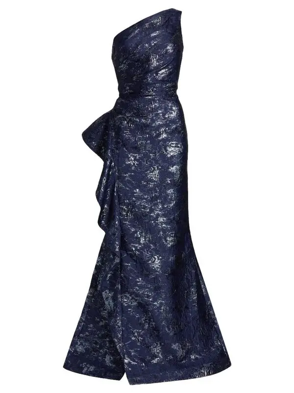 Rickie Freeman For Teri Jon Jacquard One-shoulder Gown - Navy
