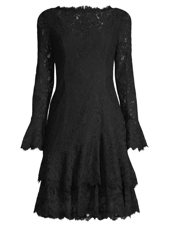 Shani Tiered Flounce Lace Dress - Black