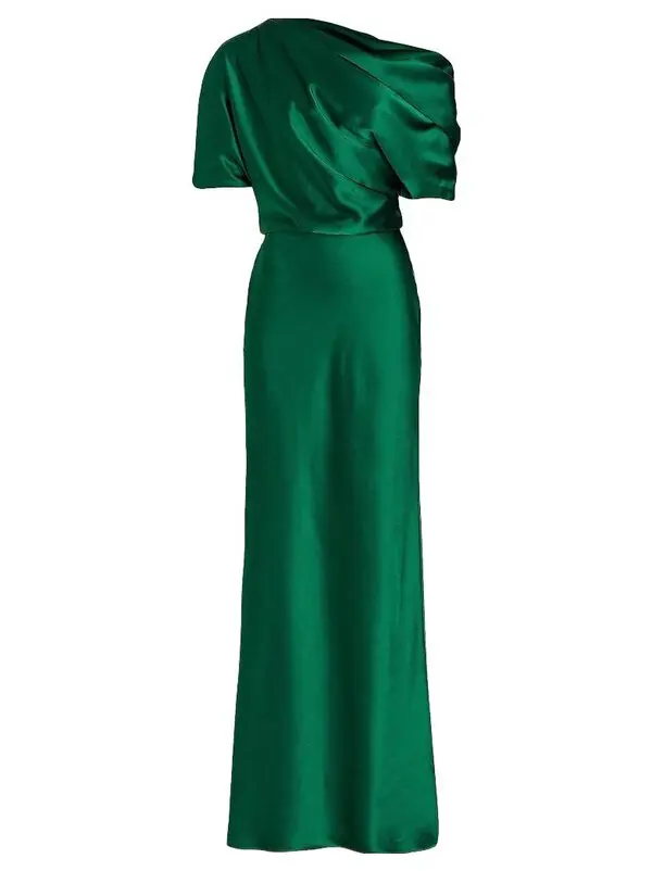 Amsale Satin One-shoulder Gown - Emerald