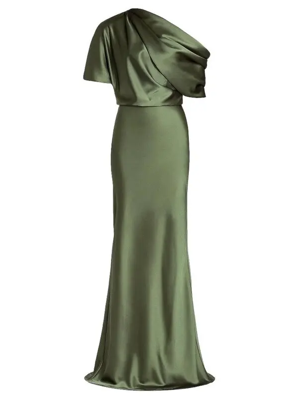 Amsale Satin One-shoulder Gown - Olive