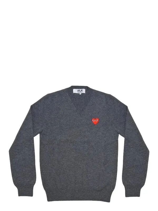 Play Comme Des Garcon Double Heart Play V-neck Sweater - Grey