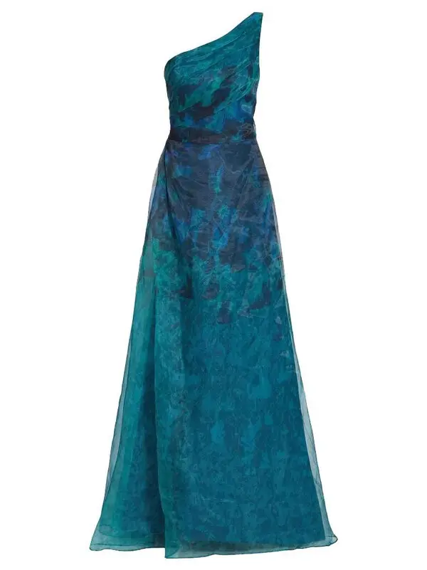 Rene Ruiz Collection Floral One-shoulder Organza Gown - Dark Teal