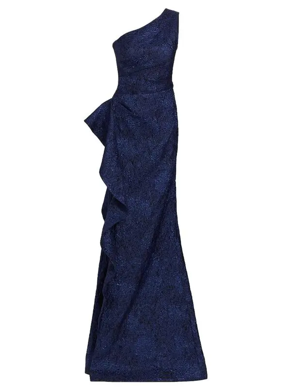 Rickie Freeman For Teri Jon Metallic Jacquard One-shoulder Gown - Black Blue
