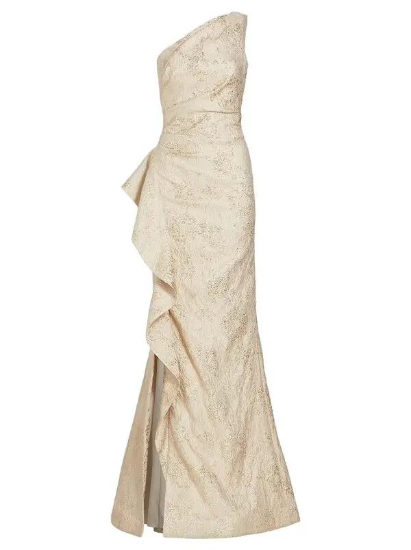 Rickie Freeman For Teri Jon Metallic Jacquard One-shoulder Gown - Gold