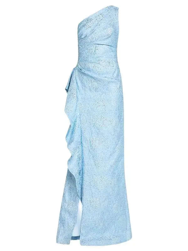 Rickie Freeman For Teri Jon Metallic Jacquard One-shoulder Gown - Powder Blue