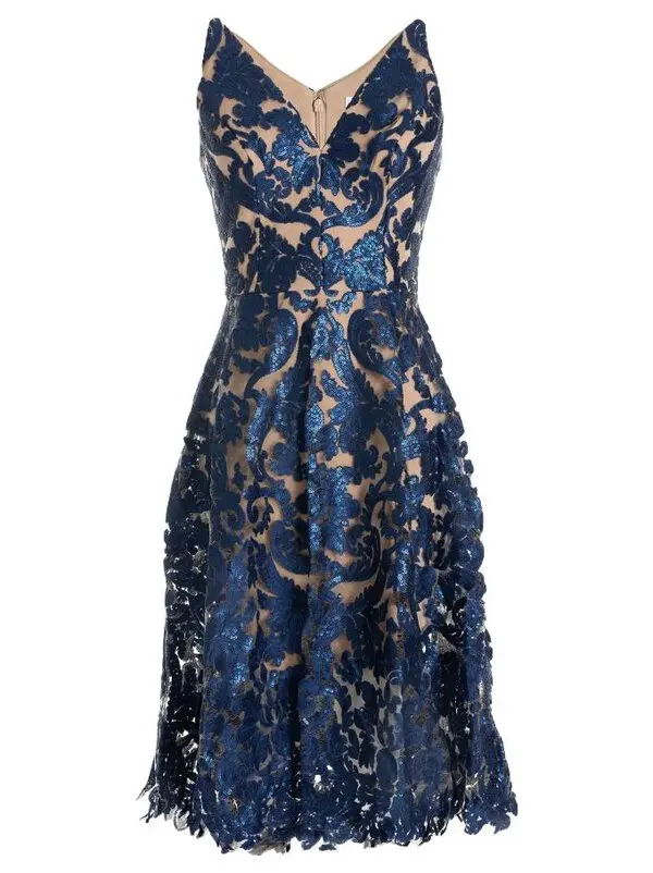 Dress The Population Blair Sleeveless Sequin Lace Midi Dress - Navy Tan