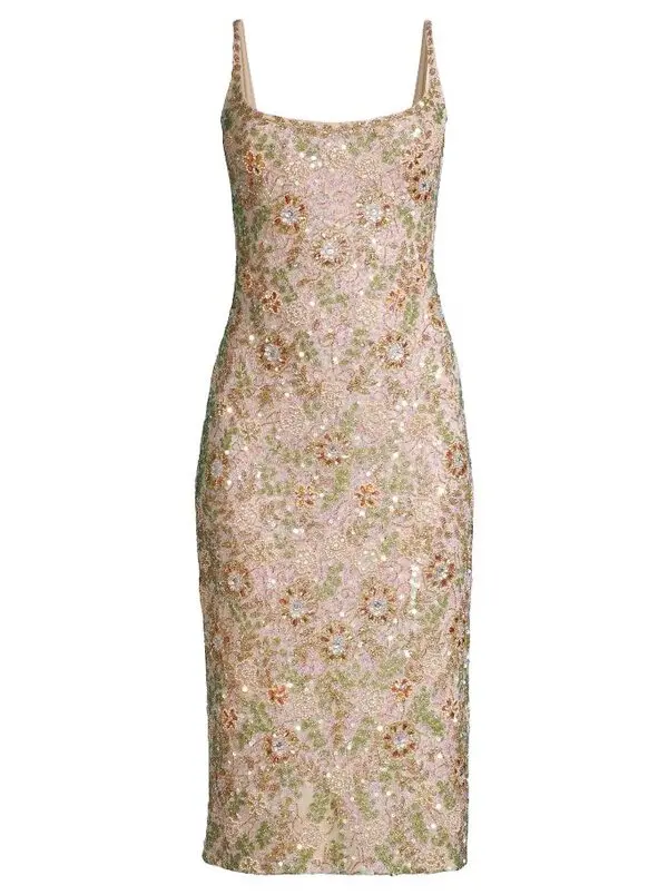 Mac Duggal Floral Beaded Cocktail Sheath Dress - Beige Multi