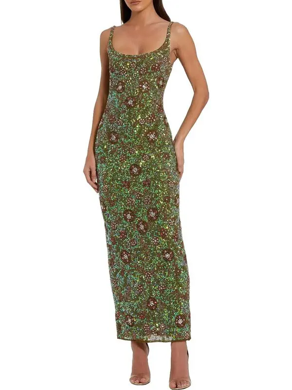 Mac Duggal Floral Beaded Cocktail Sheath Dress - Olive