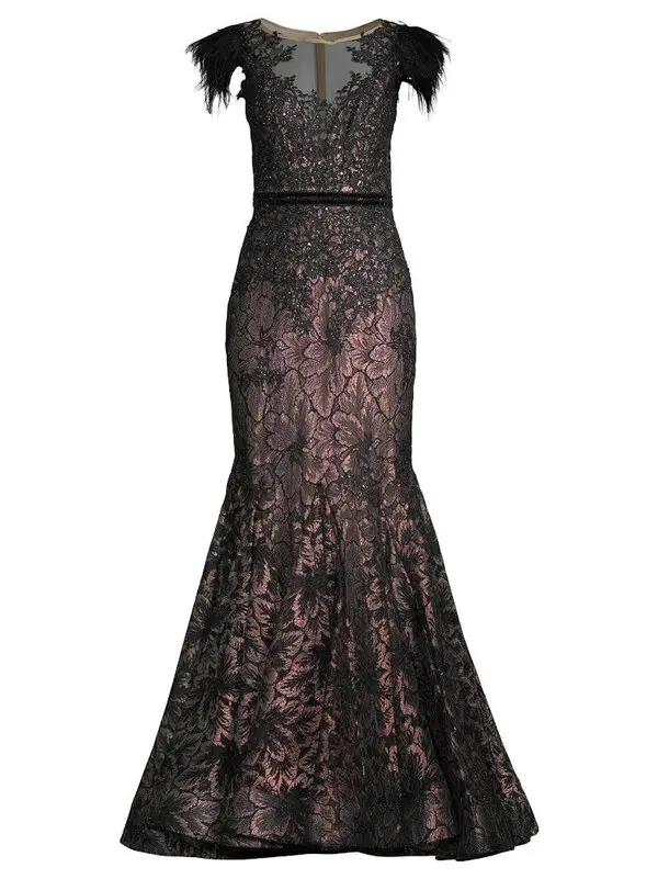 Mac Duggal Velvet Floral Applique Mermaid Gown - Black