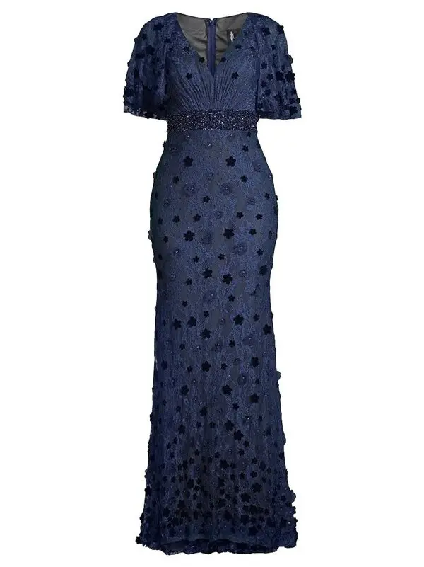 Mac Duggal Floral Embellished V-neck Gown - Midnight