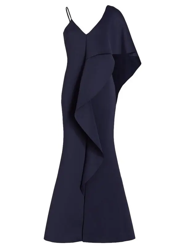 Badgley Mischka Asymmetrical Neoprene Ruffle Gown - Navy