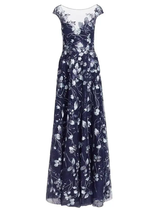 Rickie Freeman For Teri Jon Embroidered Mesh Gown - Navy Silver
