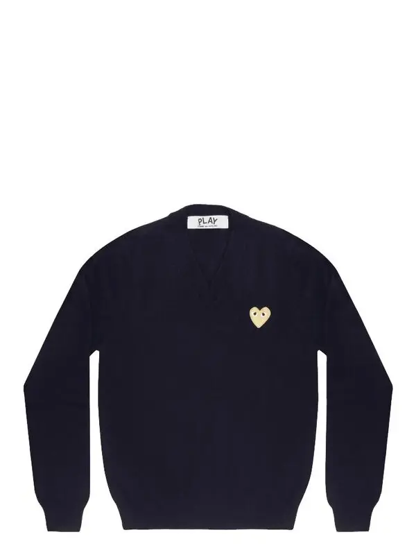 Play Comme Des Garcon Wool V-neck Heart Sweater - Navy