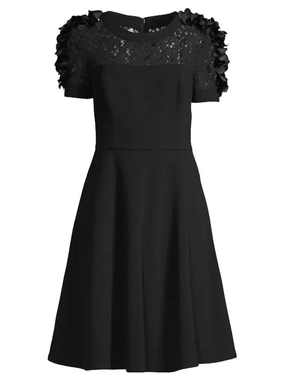 Shani Floral Applique Fit-&-flare Crepe Dress - Black