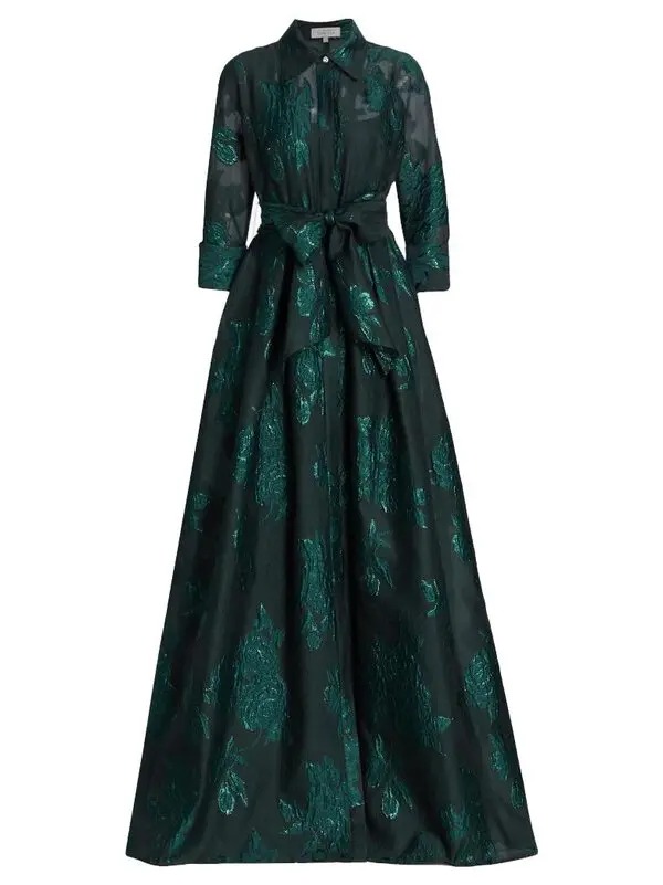 Rickie Freeman For Teri Jon Three-quarter Sleeve Metallic Jacquard Shirt Waist Gown - Emerald