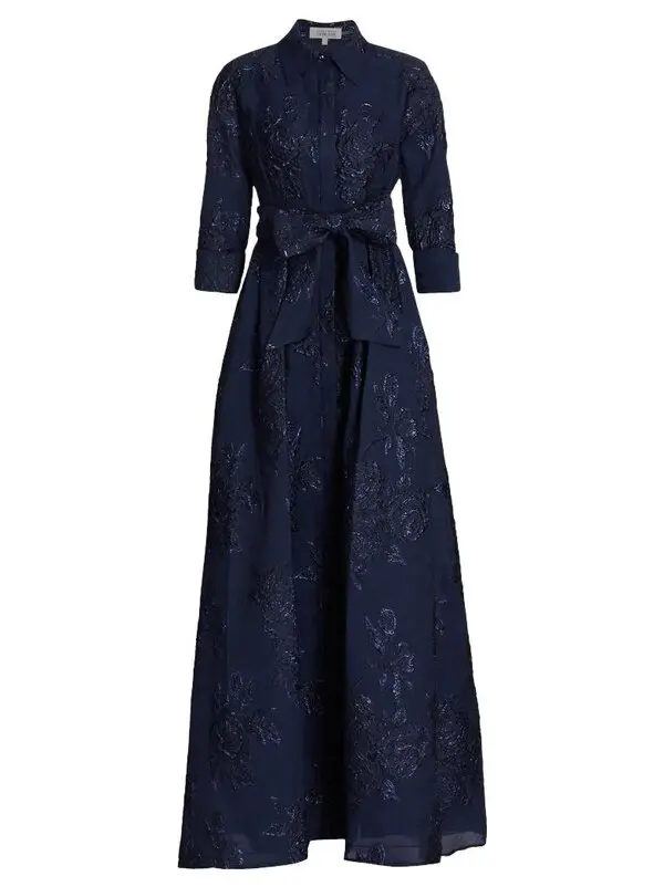 Rickie Freeman For Teri Jon Three-quarter Sleeve Metallic Jacquard Shirt Waist Gown - Navy