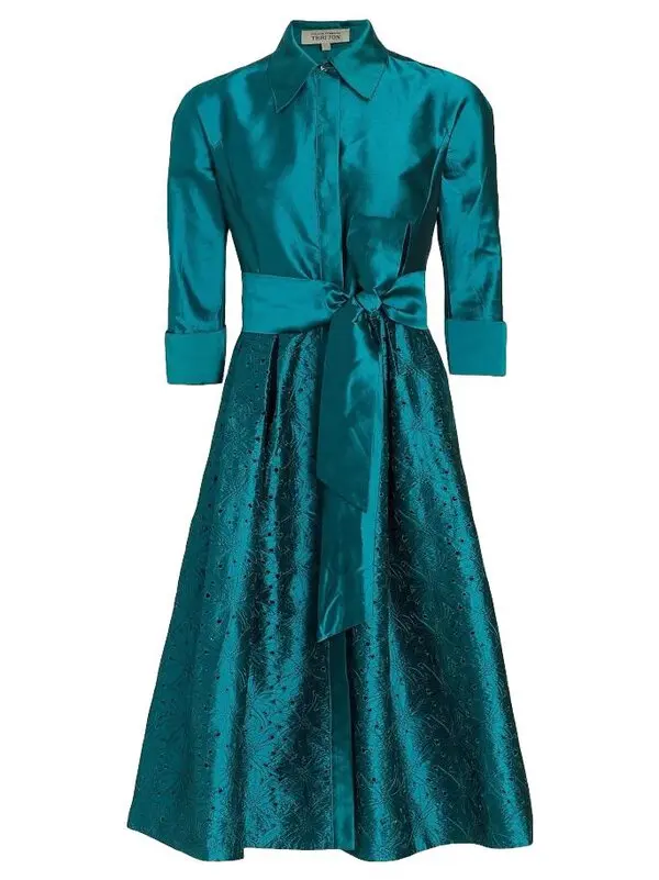 Rickie Freeman For Teri Jon Taffeta Laser Cut Shirtdress - Teal