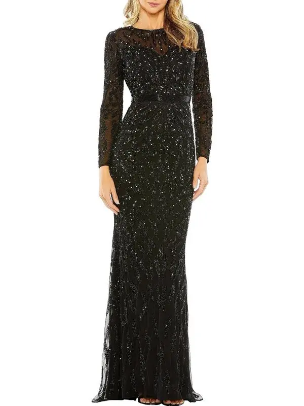Mac Duggal Illusion Sequin Gown - Black