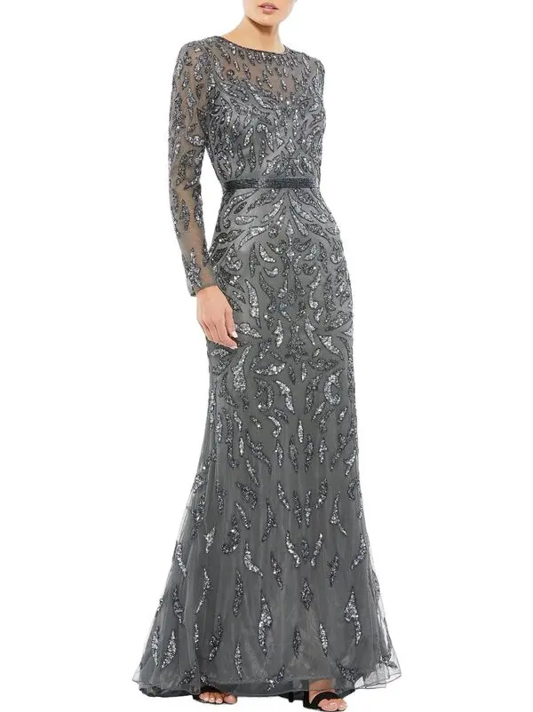 Mac Duggal Illusion Sequin Gown - Charcoal